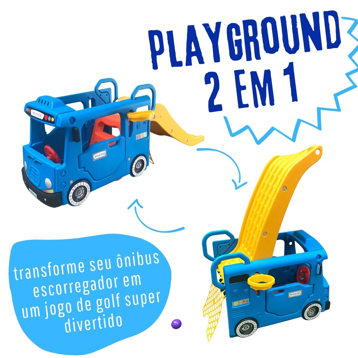 Playground Ônibus - Escorrega + Kit Golf - Cama Elástica RS